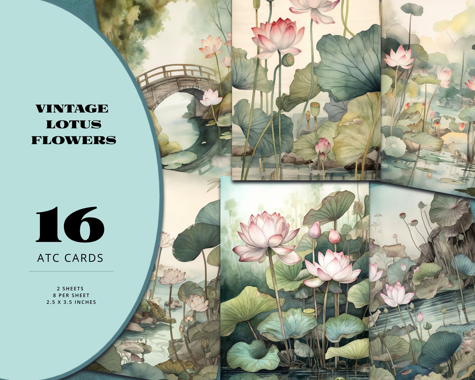 Lotus Flowers ATC Cards, Journaling Cards, Printable Inserts Ephemera ...