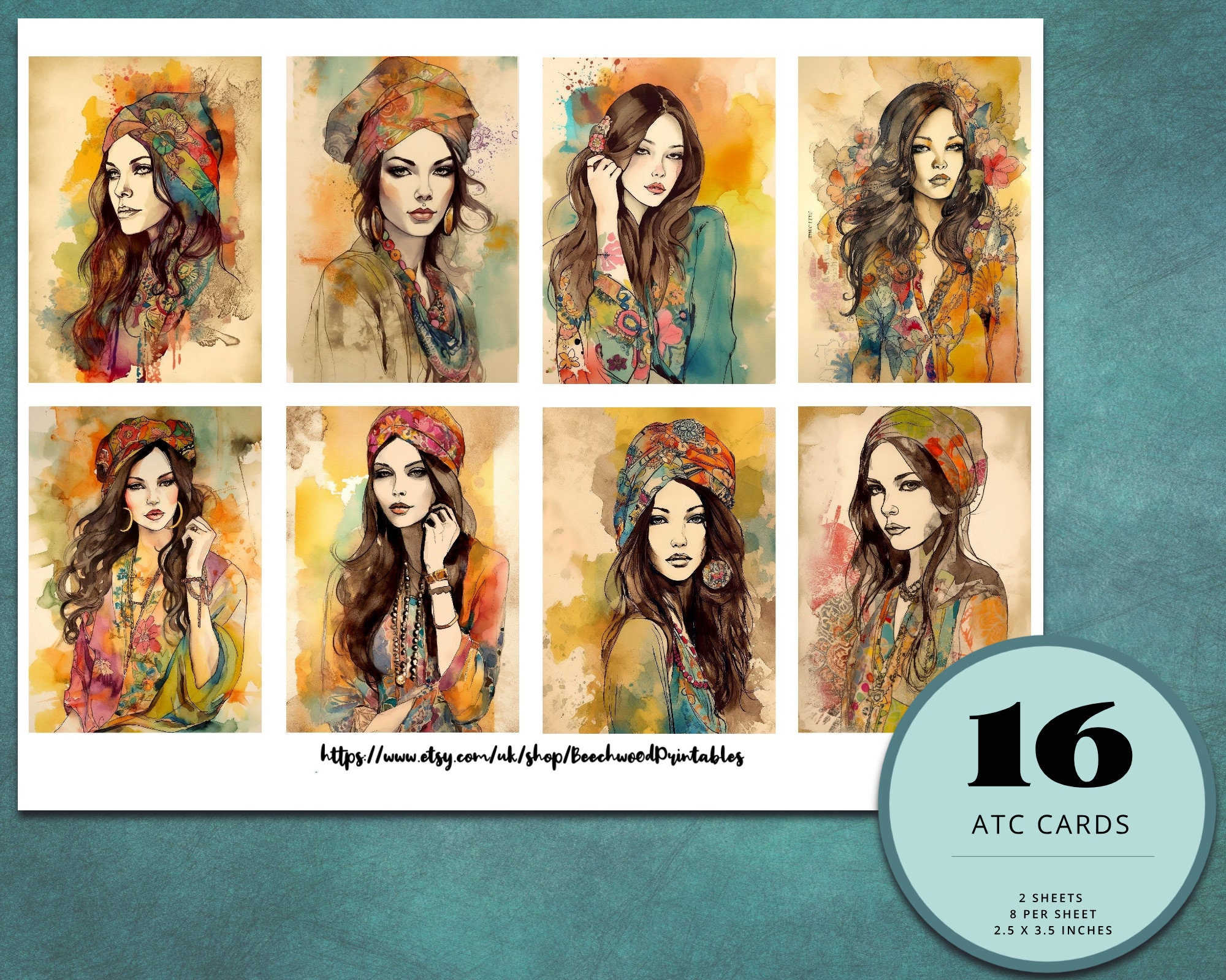 Vintage 70's Hippy Chic Women ATC Cards, Floral Journaling Cards ...