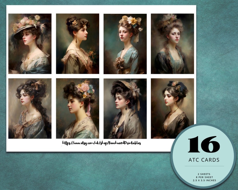 Victorian Women Portrait ATC Cards, Floral Journaling Cards, Printable ...