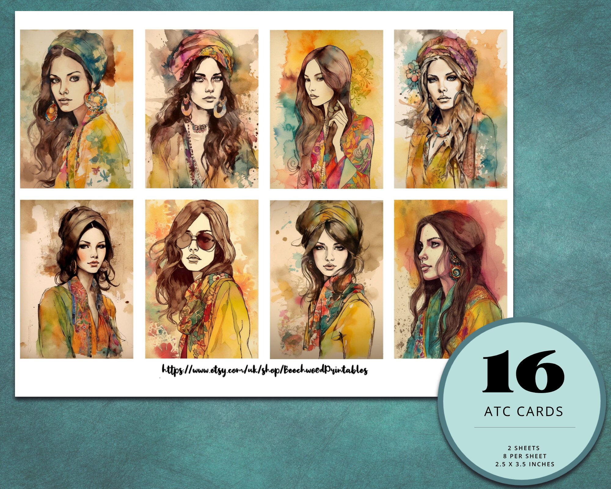 Vintage 70's Hippy Chic Women ATC Cards, Floral Journaling Cards ...