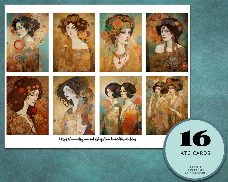 Vintage Gustav Klimt Inspired ATC Cards, Floral Journaling Cards ...