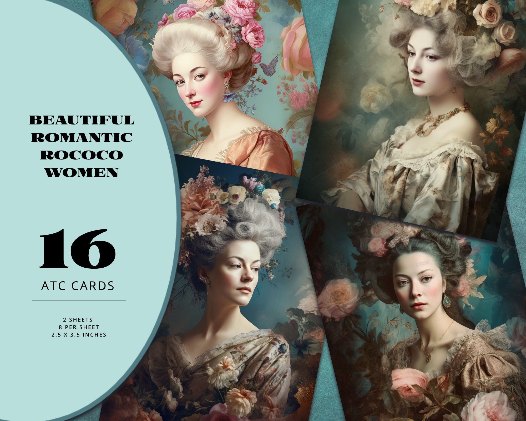 Rococo Style Women Portraits ATC Cards, Floral Journaling Cards ...