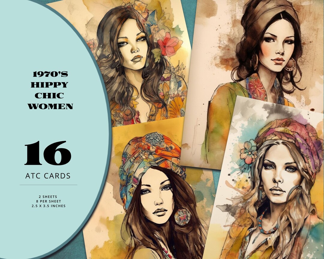 Vintage 70's Hippy Chic Women ATC Cards, Floral Journaling Cards ...