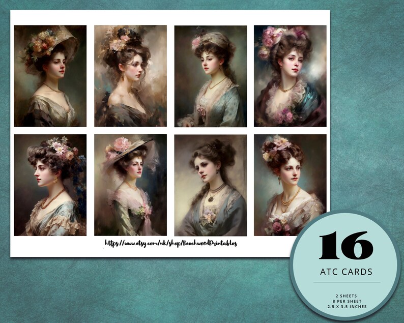 Victorian Women Portrait ATC Cards, Floral Journaling Cards, Printable ...
