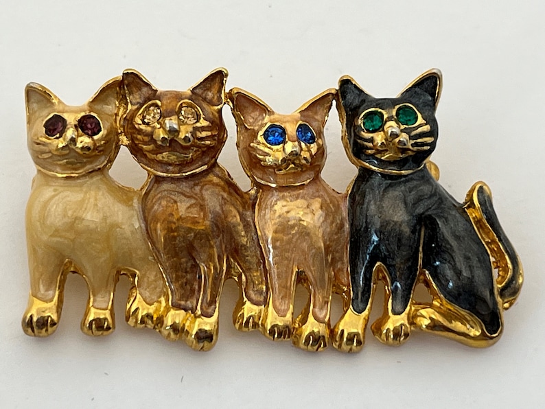 Gold Enameled Vintage Pin With 4 Cats With Rhinestone Eyes - Etsy