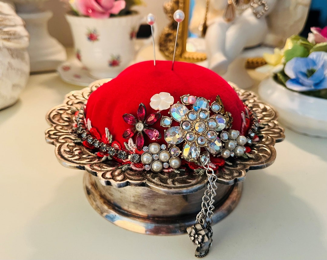 Handmade Pink Pin Cushion in Silver Bowl With Embellishments and Charms ...