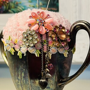 Handmade Pink Pin Cushion in Silver Sugar With Embellishments and ...