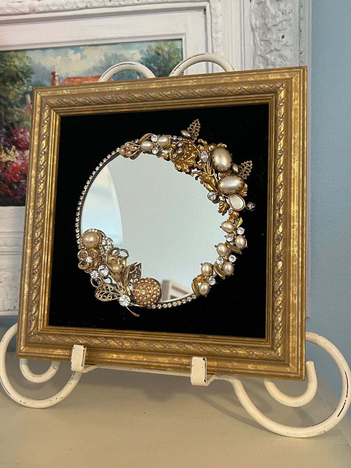 Cottage Core Framed Bedazzled Mirror Art From Vintage Junk Rhinestone ...