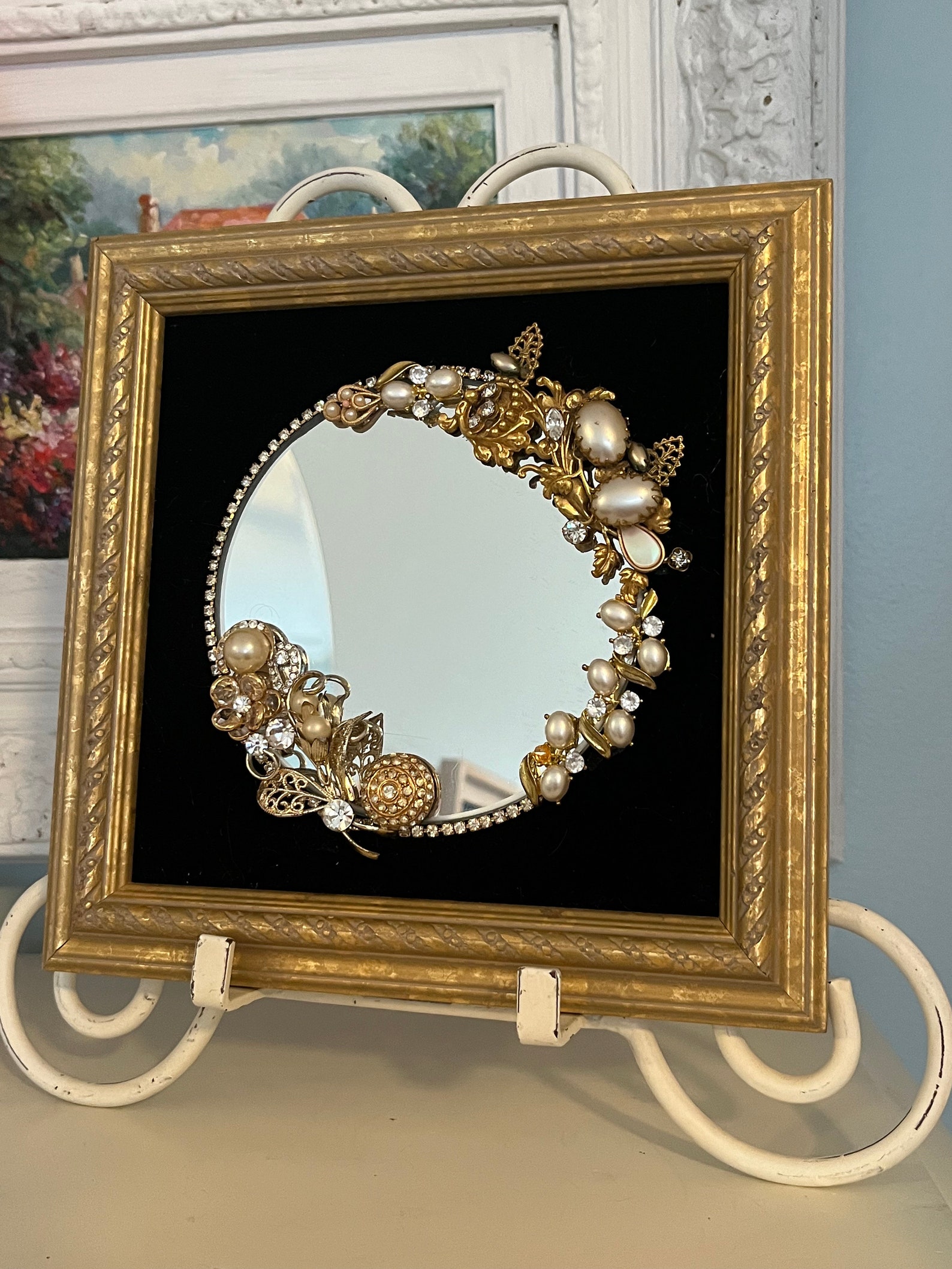 Cottage Core Framed Bedazzled Mirror Art From Vintage Junk Rhinestone ...