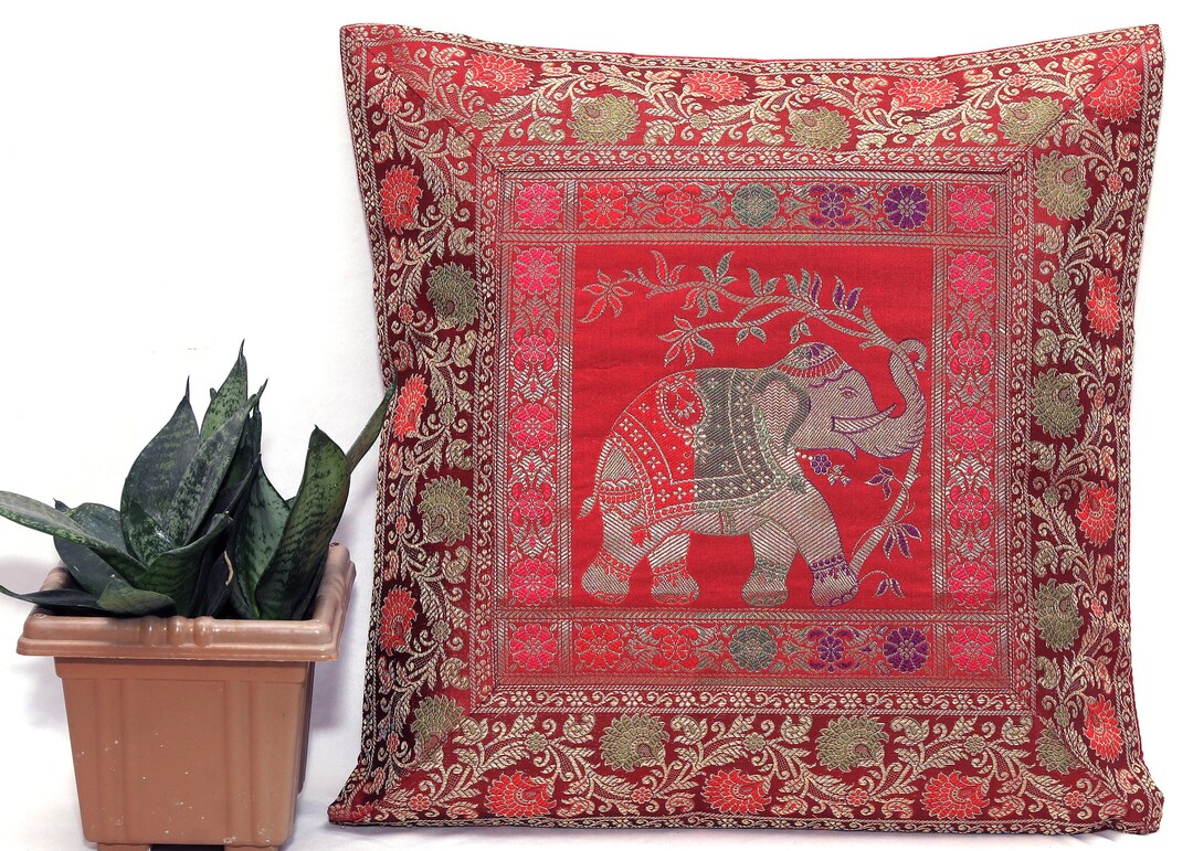 Ethnic Silk Cushion Cover Dark Red Pillow Cover Brocade Elephant Pillow ...