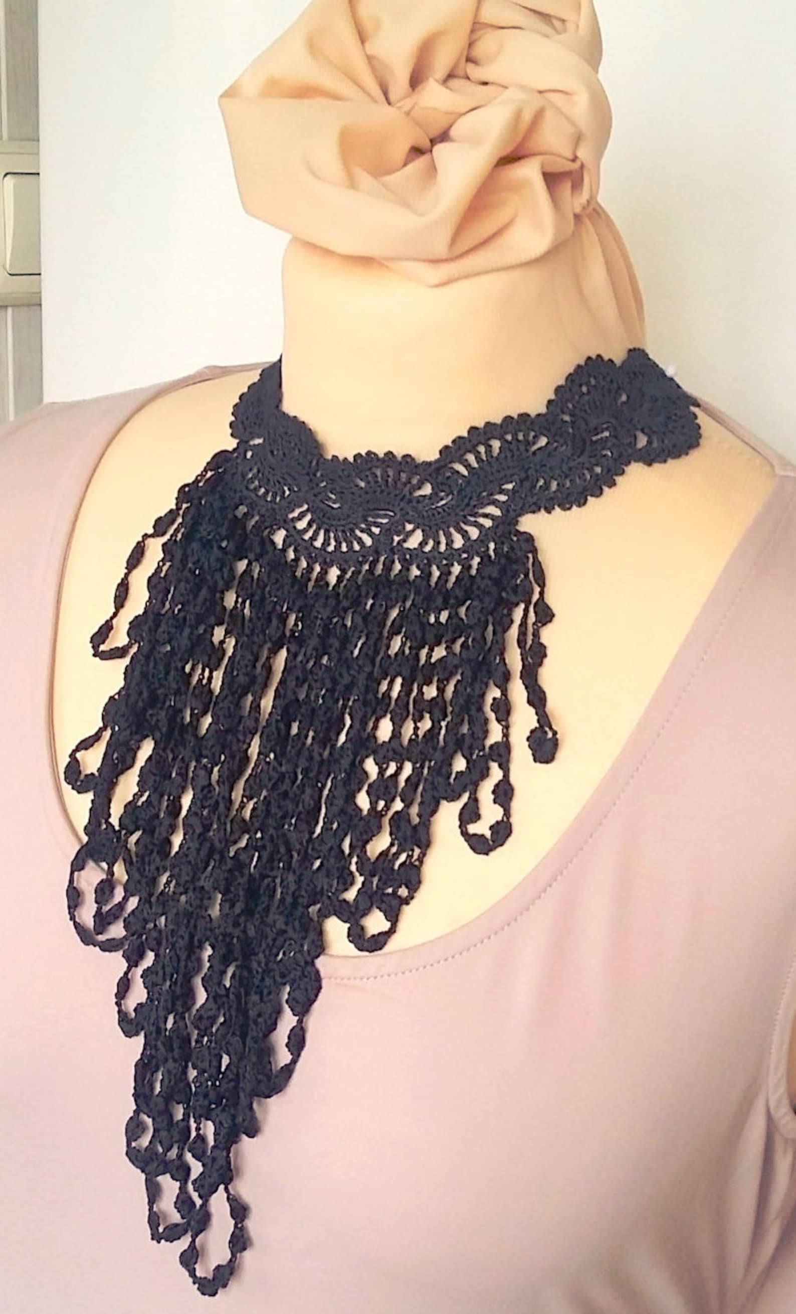 Crochet Jabot Black Jabot Lace Jabot Bib Necklace Crochet - Etsy