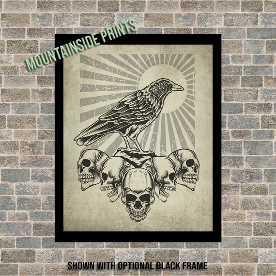 Crow & Skull Heads Art Print Tattoo Design Wall Hanging | Etsy