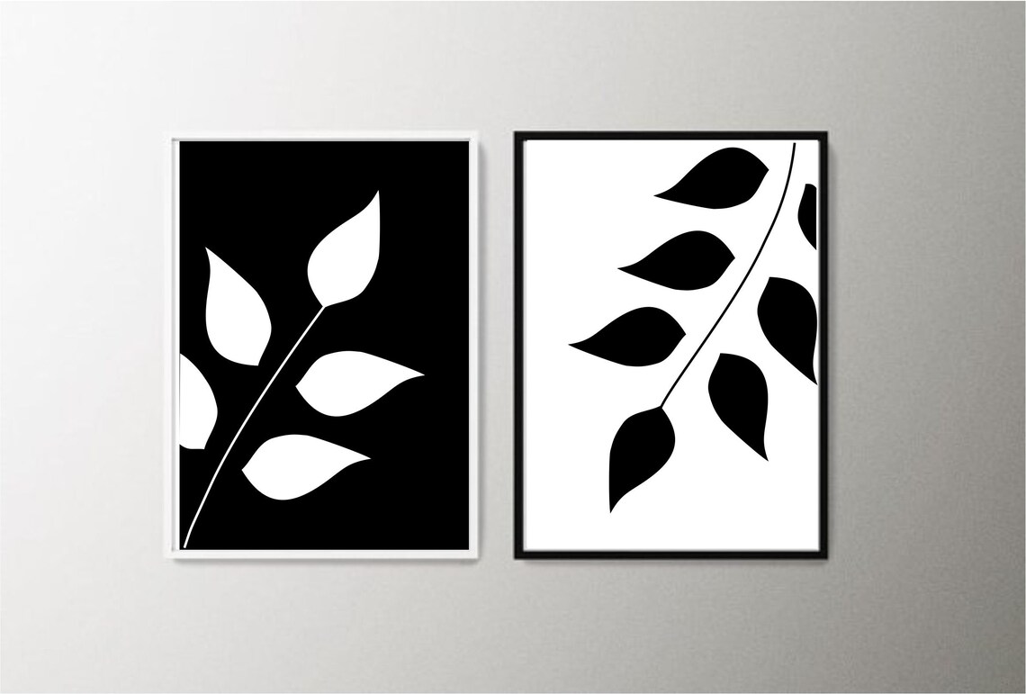 Set of 2 Black and White Botanical Prints Leaf Printable Wall - Etsy