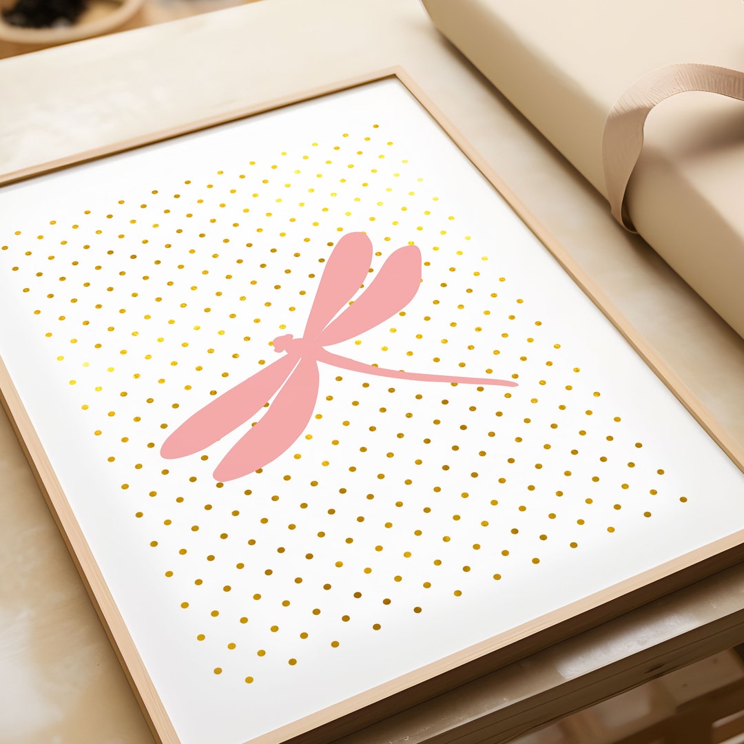 Pink Dragonfly on Gold Polka Dots Poster Printable Wall Art Digital ...