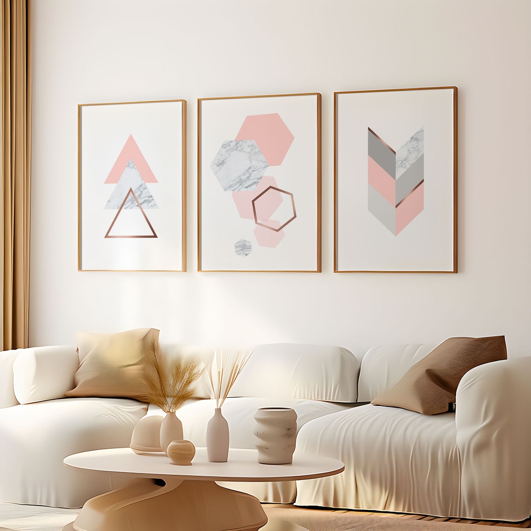 Set of 3 Geometric Prints Pink Marble Gray Rose Gold Printable Wall Art ...