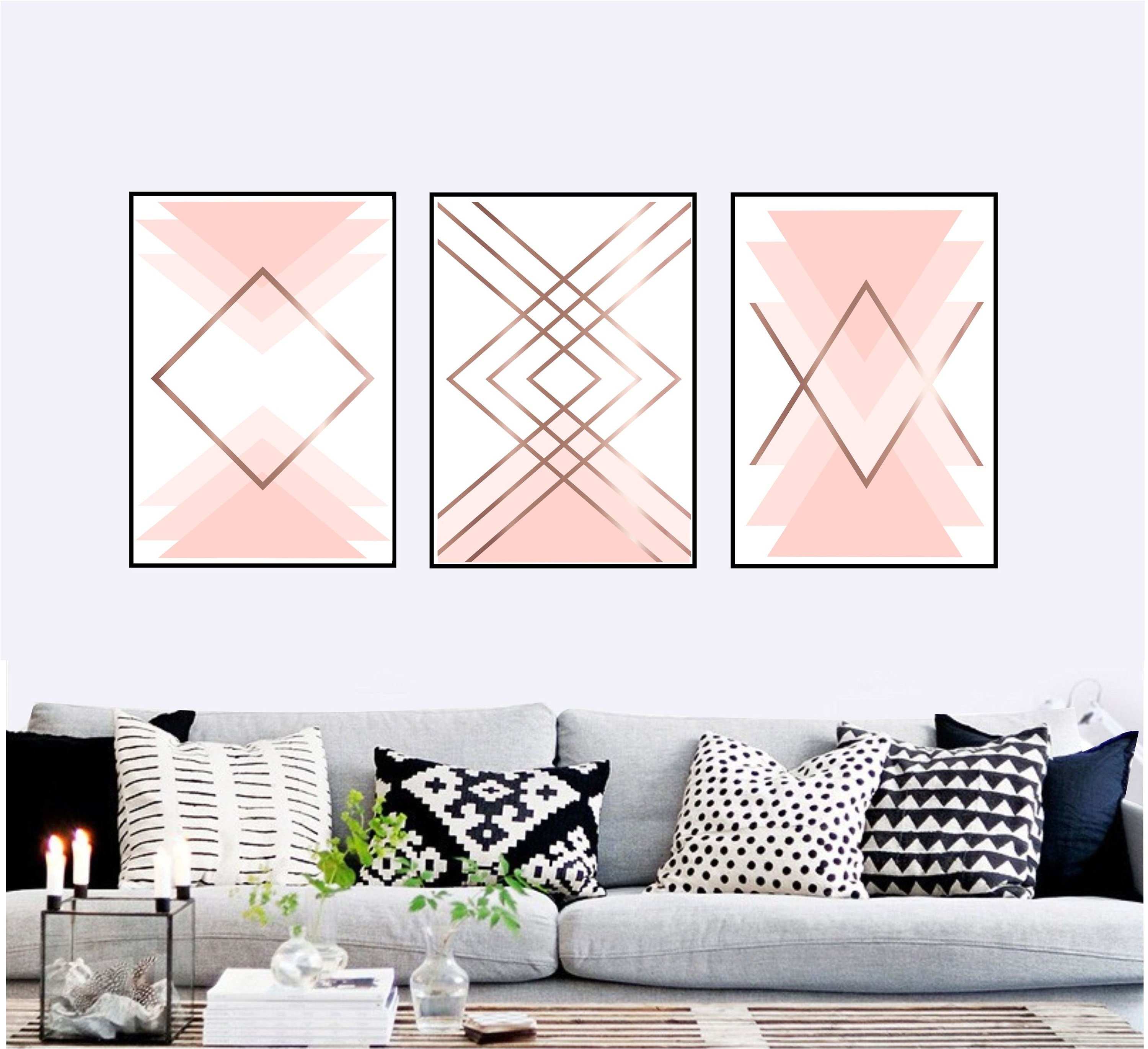Geometric Prints Printable Wall Art Set of 3 Rose Gold Pink | Etsy