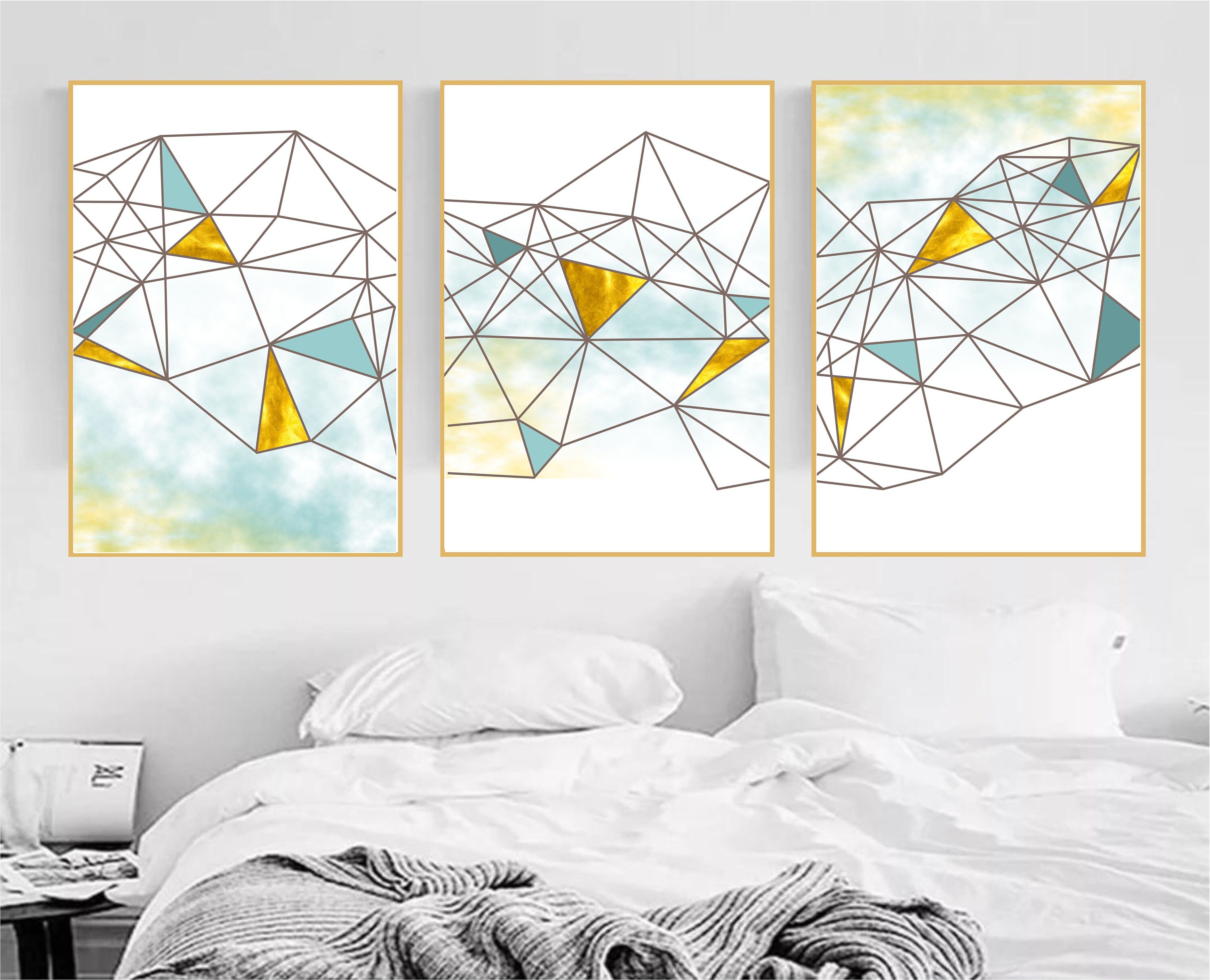 Set of 3 Geometric Prints Blue Gold Printable Wall Art Set Digital ...