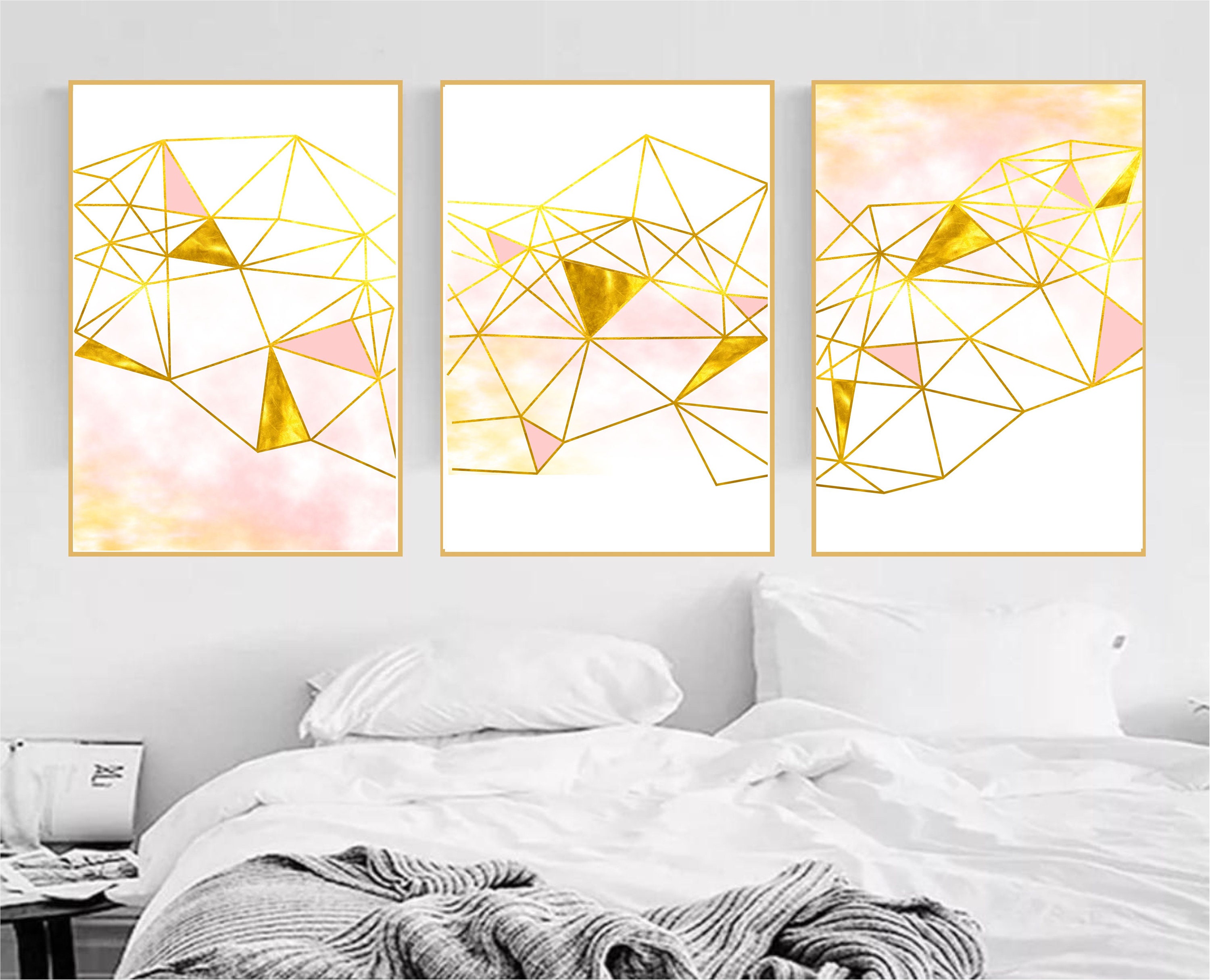 Pink and Gold Set of 3 Geometric Poster Printable Wall Art Set Digital ...