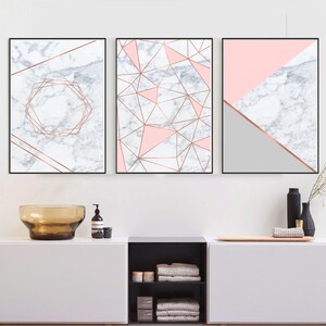 Set of 3 Geometric Prints Pink Marble Gray Rose Gold Printable Wall Art ...
