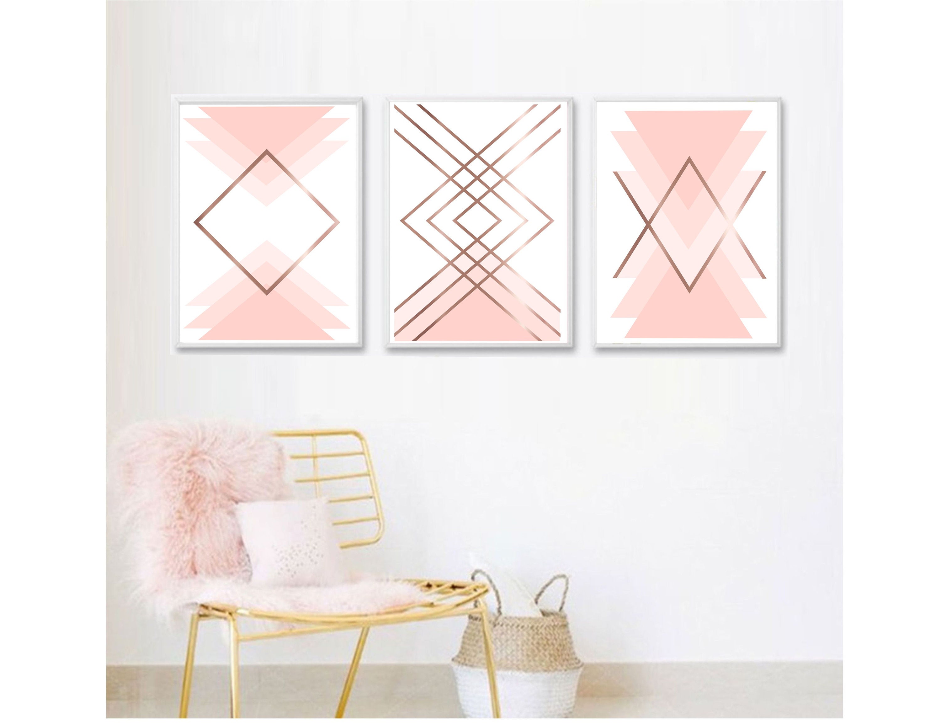 Geometric Prints Printable Wall Art Set of 3 Rose Gold Pink | Etsy