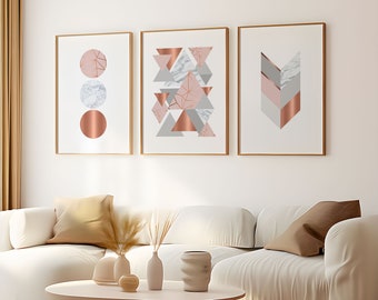 Set of 3 Geometric Prints Pink Marble Gray Rose Gold Printable Wall Art ...