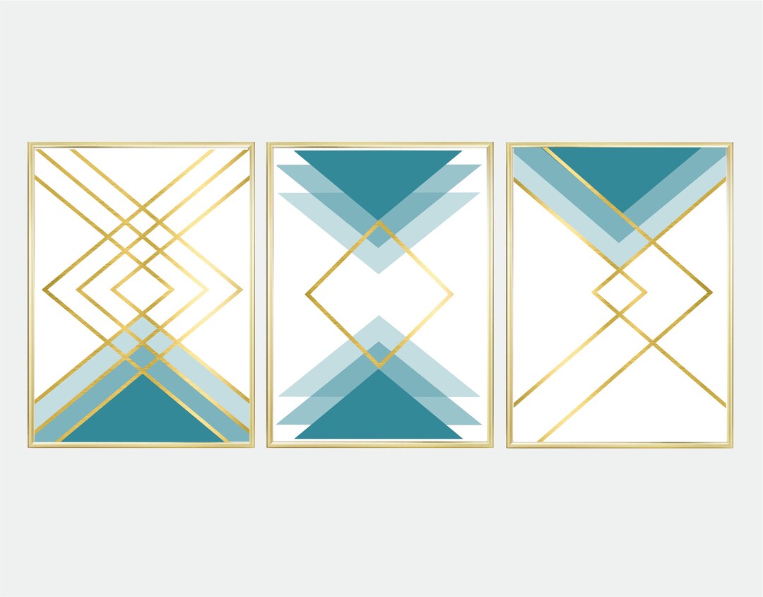 Set of 3 Geometric Prints Blue Gold Printable Wall Art Set - Etsy