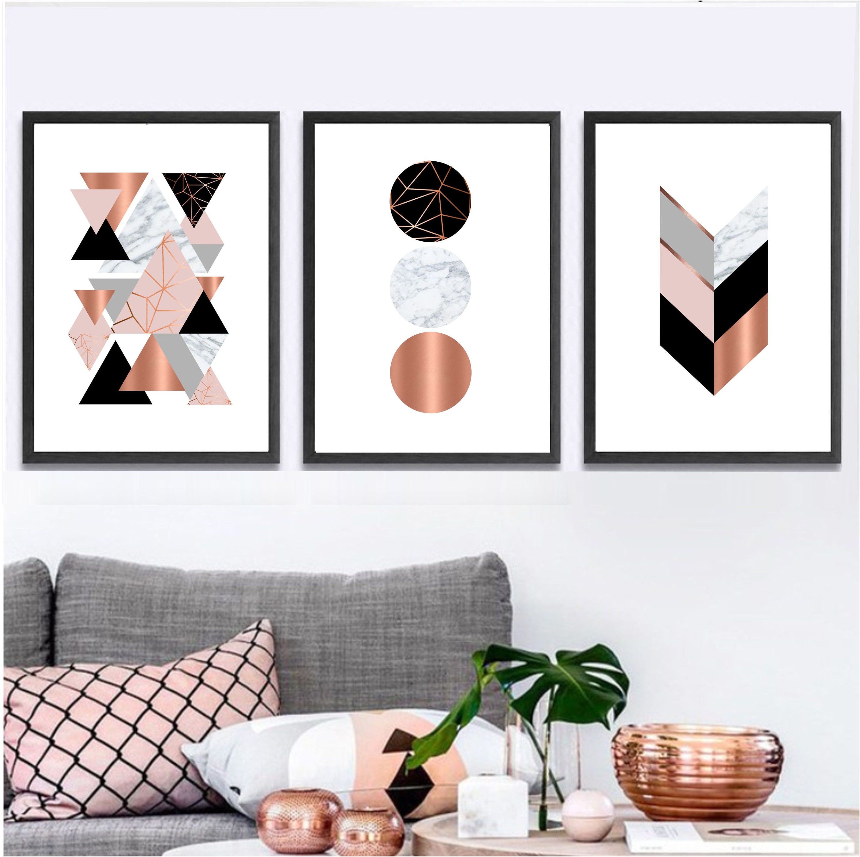 Set of 3 Geometric Prints Pink Marble Gray Rose Gold Printable Wall Art ...