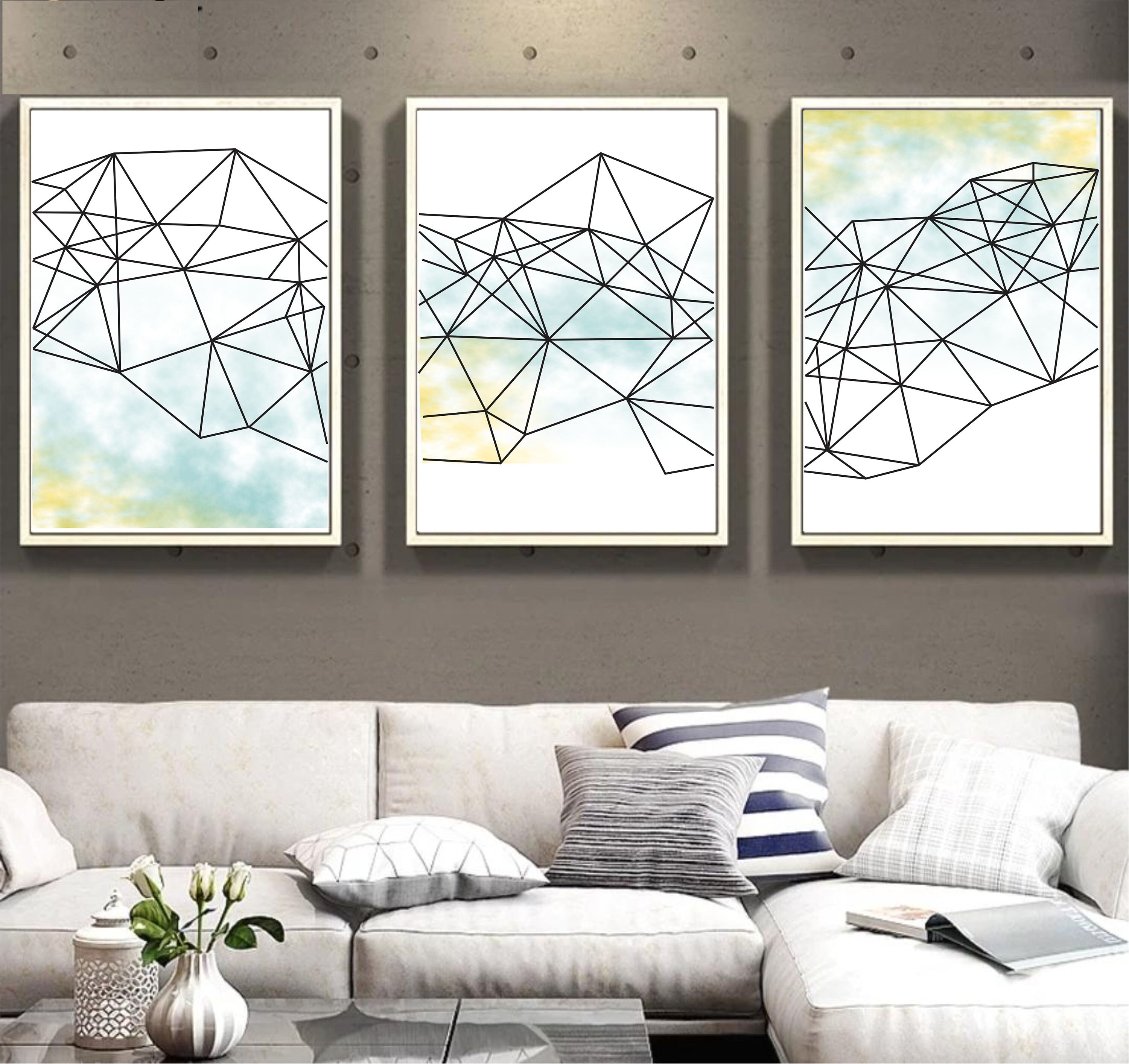 Set of 3 geometric prints blue Printable wall art set Digital | Etsy