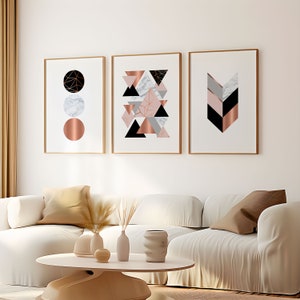 Set of 3 Geometric Prints Pink Marble Gray Rose Gold Printable Wall Art ...