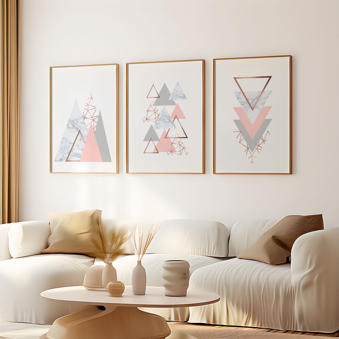 Set of 3 Geometric Print Pink Marble Gray Rose Gold Printable Wall Art ...