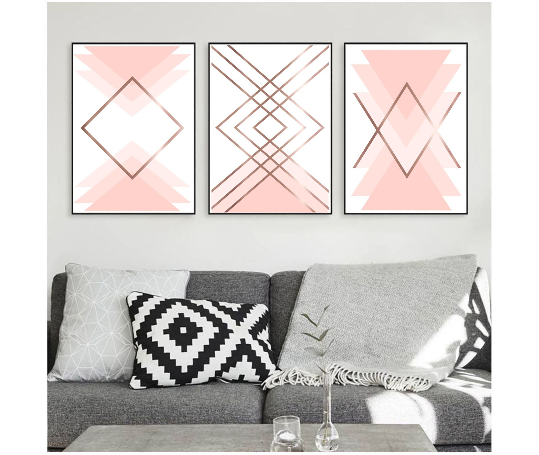 Geometric Prints Printable Wall Art Set of 3 Rose Gold Pink | Etsy