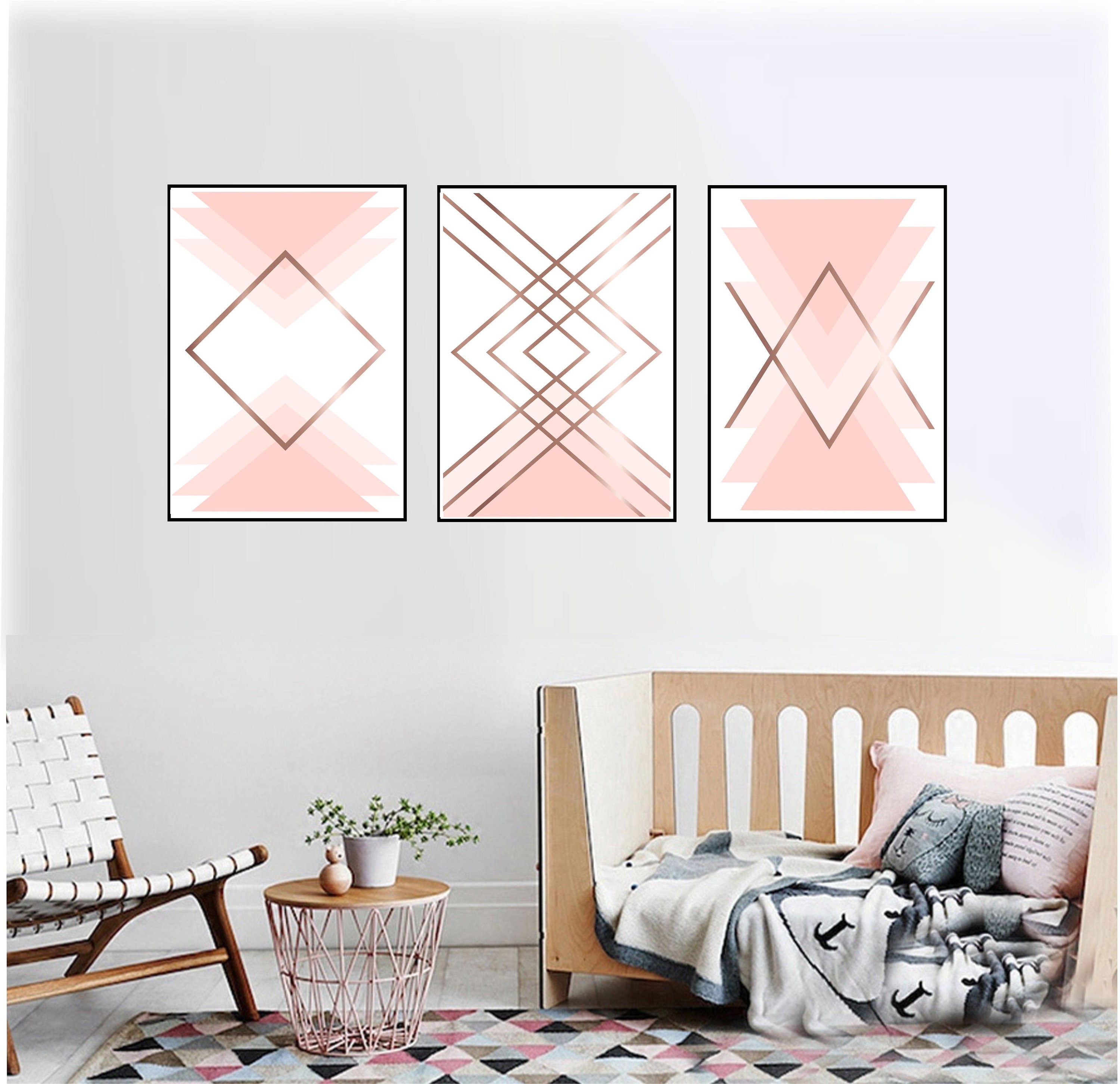 Geometric Prints Printable Wall Art Set of 3 Rose Gold Pink | Etsy