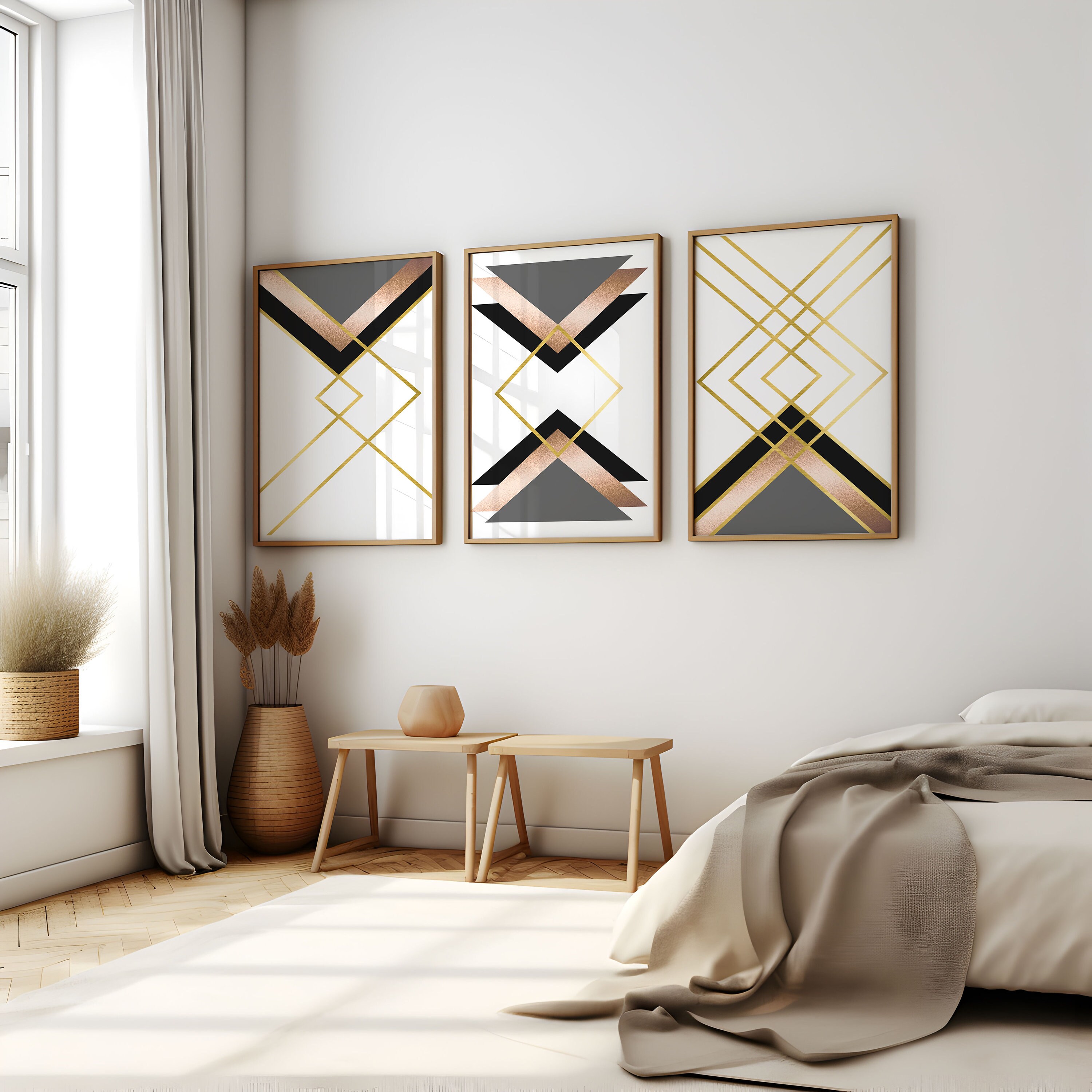 Set of 3 Geometric Prints Black and White Gold and Rose Gold Printable ...