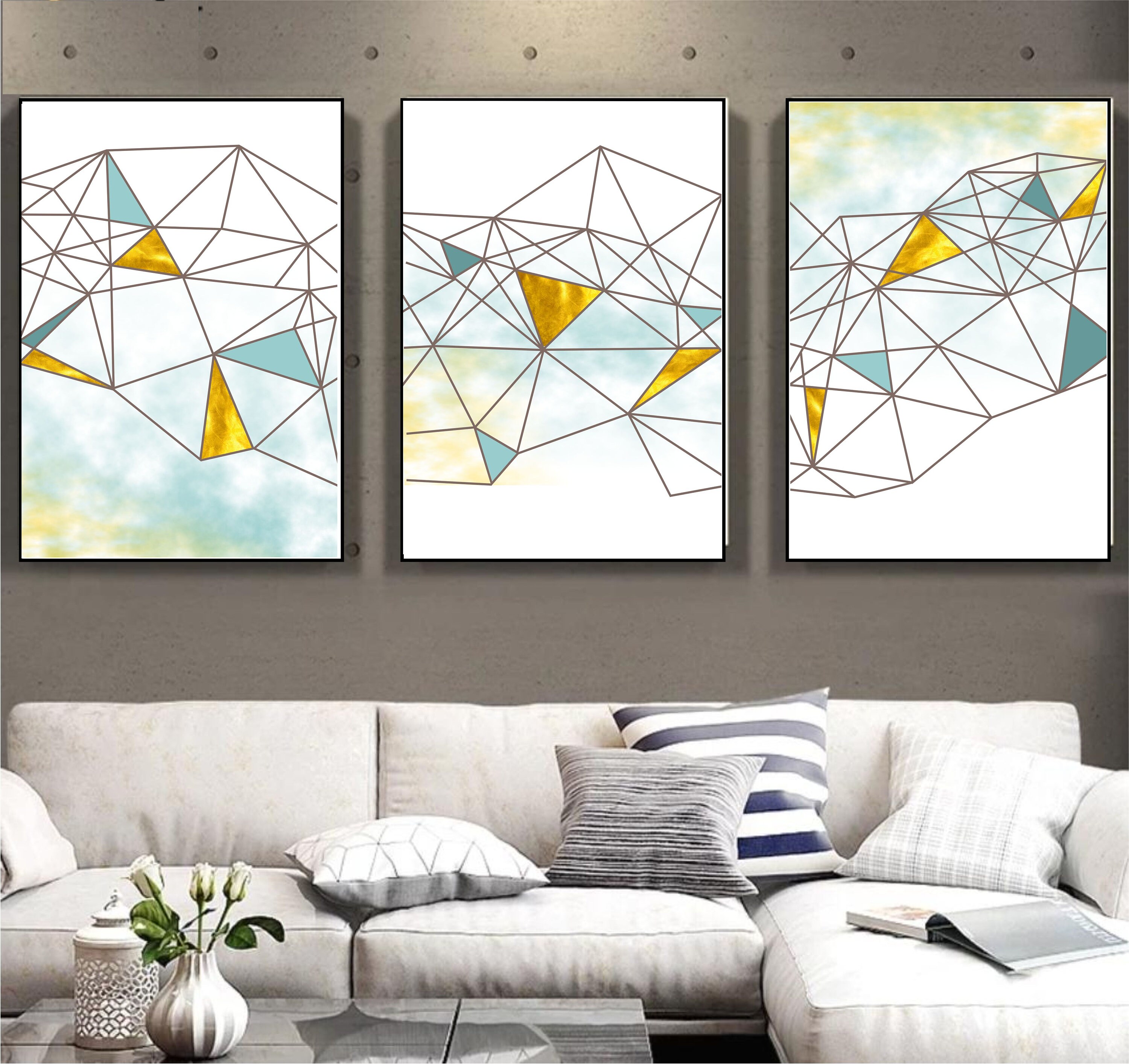 Set of 3 Geometric Prints Blue Gold Printable Wall Art Set Digital ...