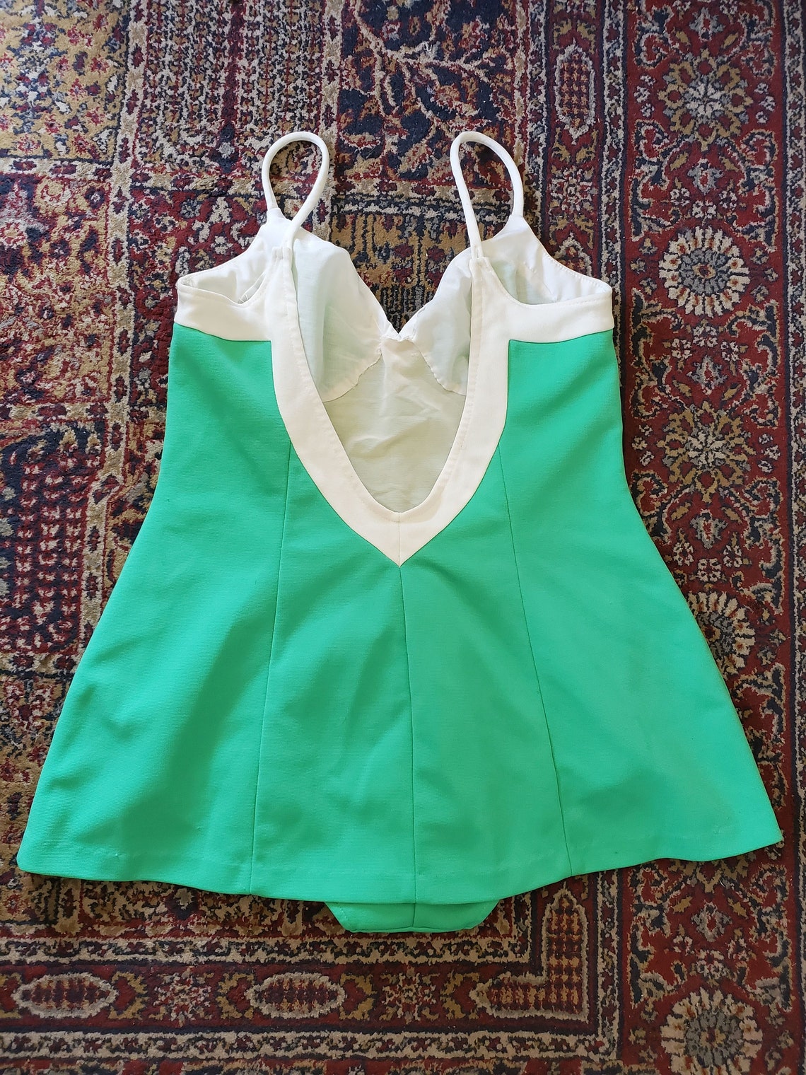 Vintage 60s 70s Swimdress Swimsuit Green White Adjustable Straps L XL ...
