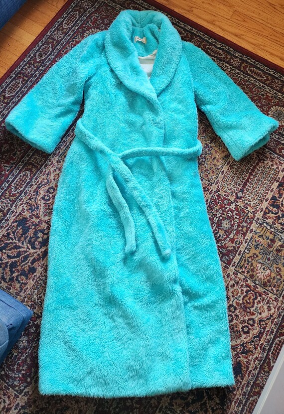 Vintage 70s 80s Rhapsody Blue Fuzzy Furry Robe S M - Gem