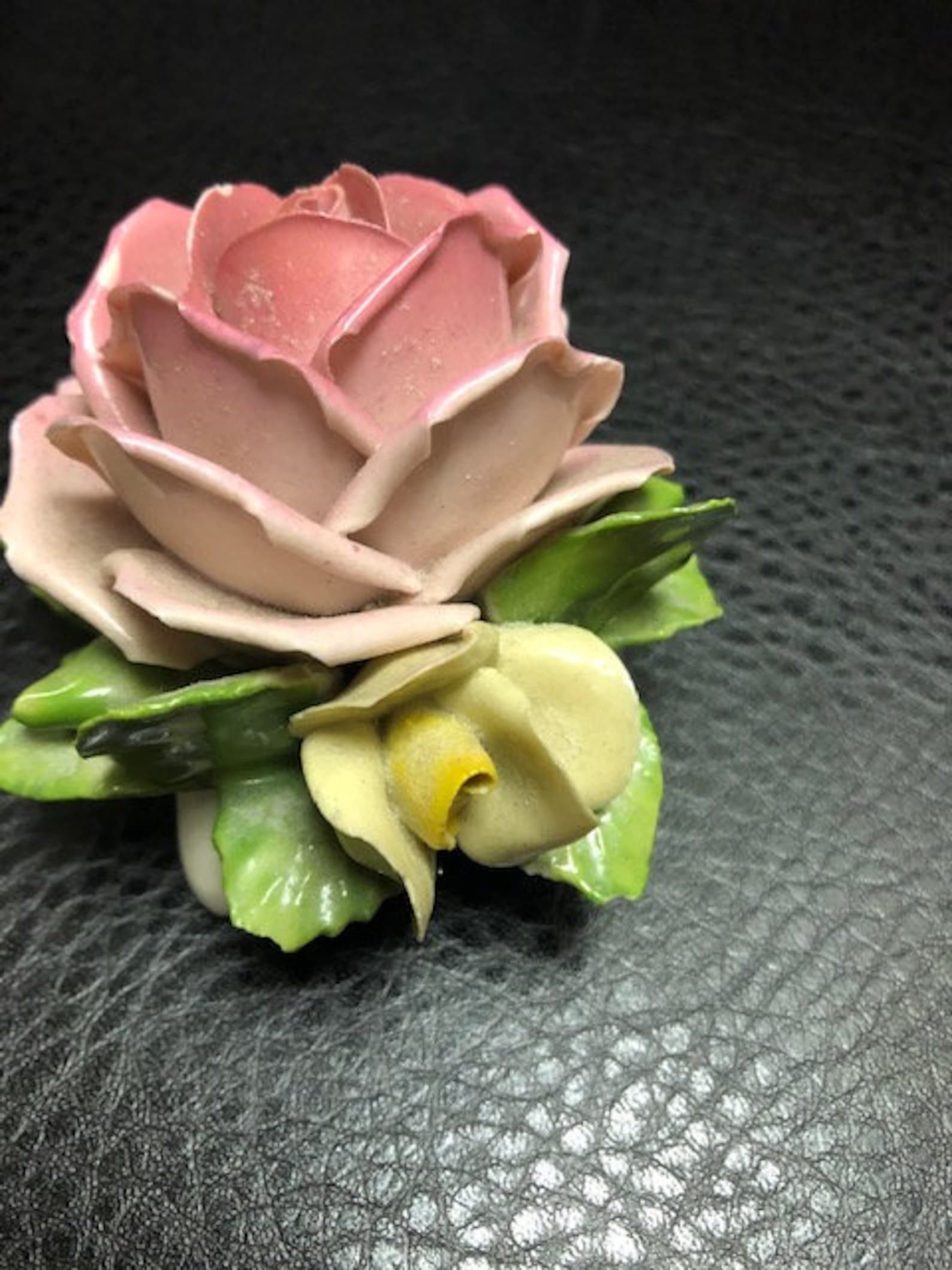 Vintage Dresden Rose Figurine, Pink & Yellow Porcelain Rose, Vanity ...