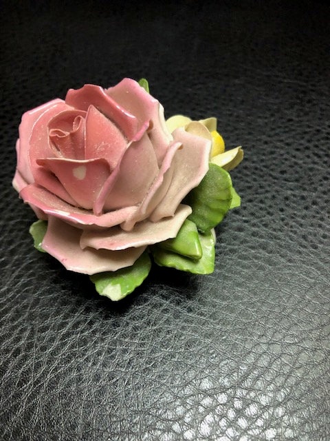 Vintage Dresden Rose Figurine, Pink & Yellow Porcelain Rose, Vanity ...