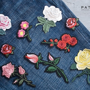 Pink Rose Embroidered Patch 78mm, Flower Iron-on Patch, Summer Applique ...