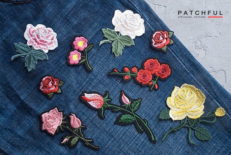 Pink Rose Embroidered Patch 78mm, Flower Iron-on Patch, Summer Applique ...