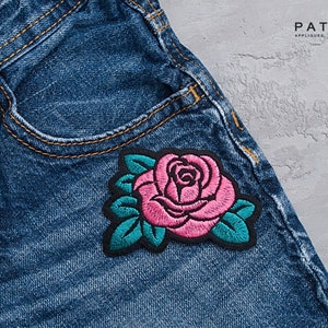 Pink Rose Embroidered Patch 78mm, Flower Iron-on Patch, Summer Applique ...