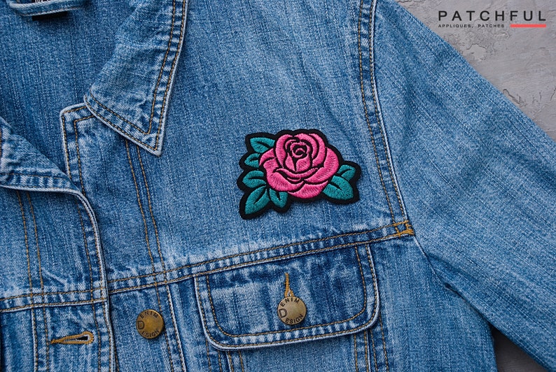 Pink Rose Embroidered Patch 78mm, Flower Iron-on Patch, Summer Applique ...