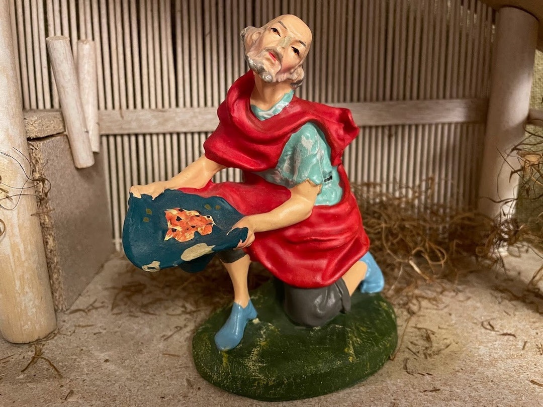 Vintage Composition Italian Shepherd Kneeling With Offering in Hat ...