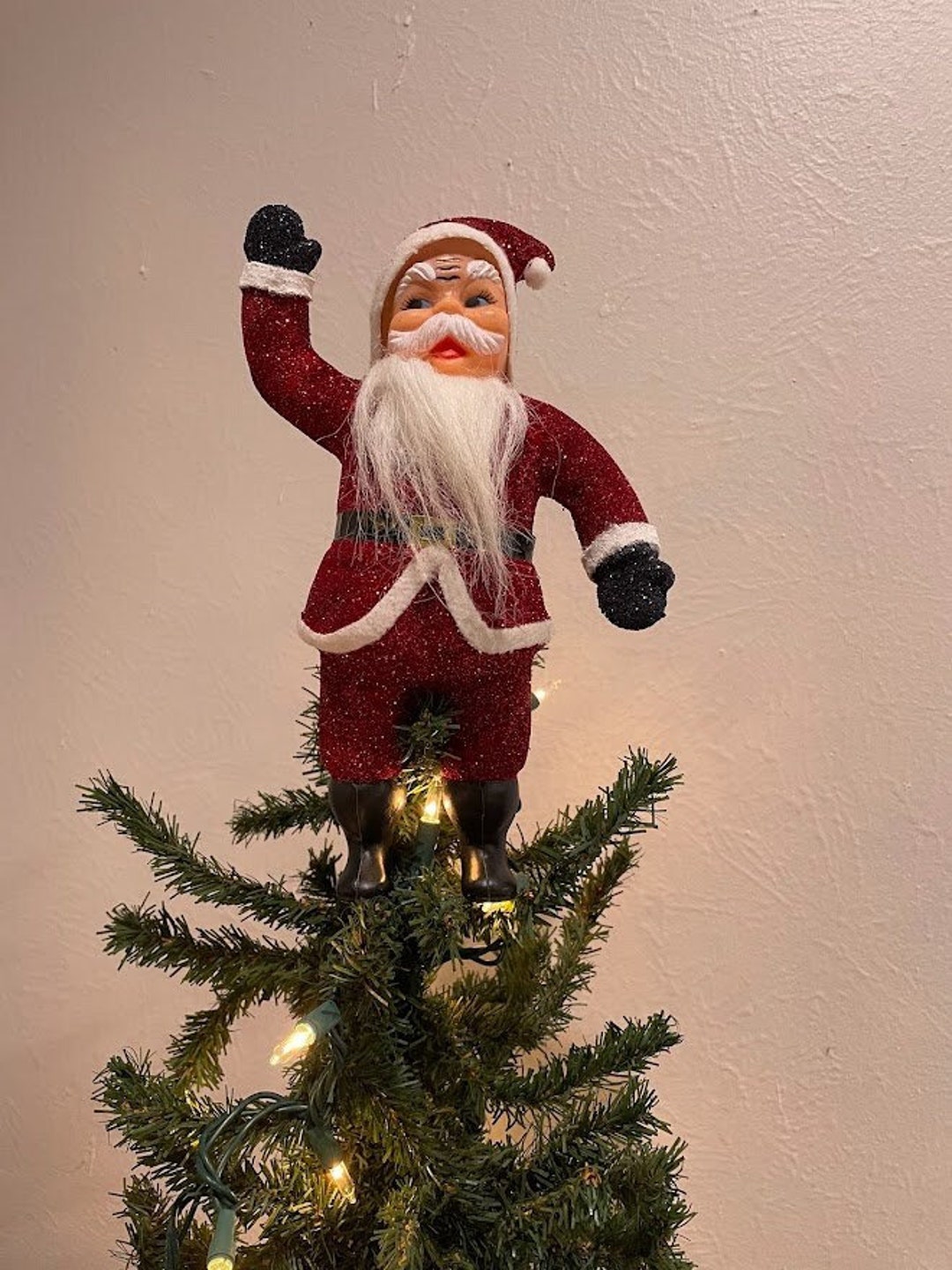 Vintage Mid Century Modern X-large Red Glittered Waving Santa Tree ...