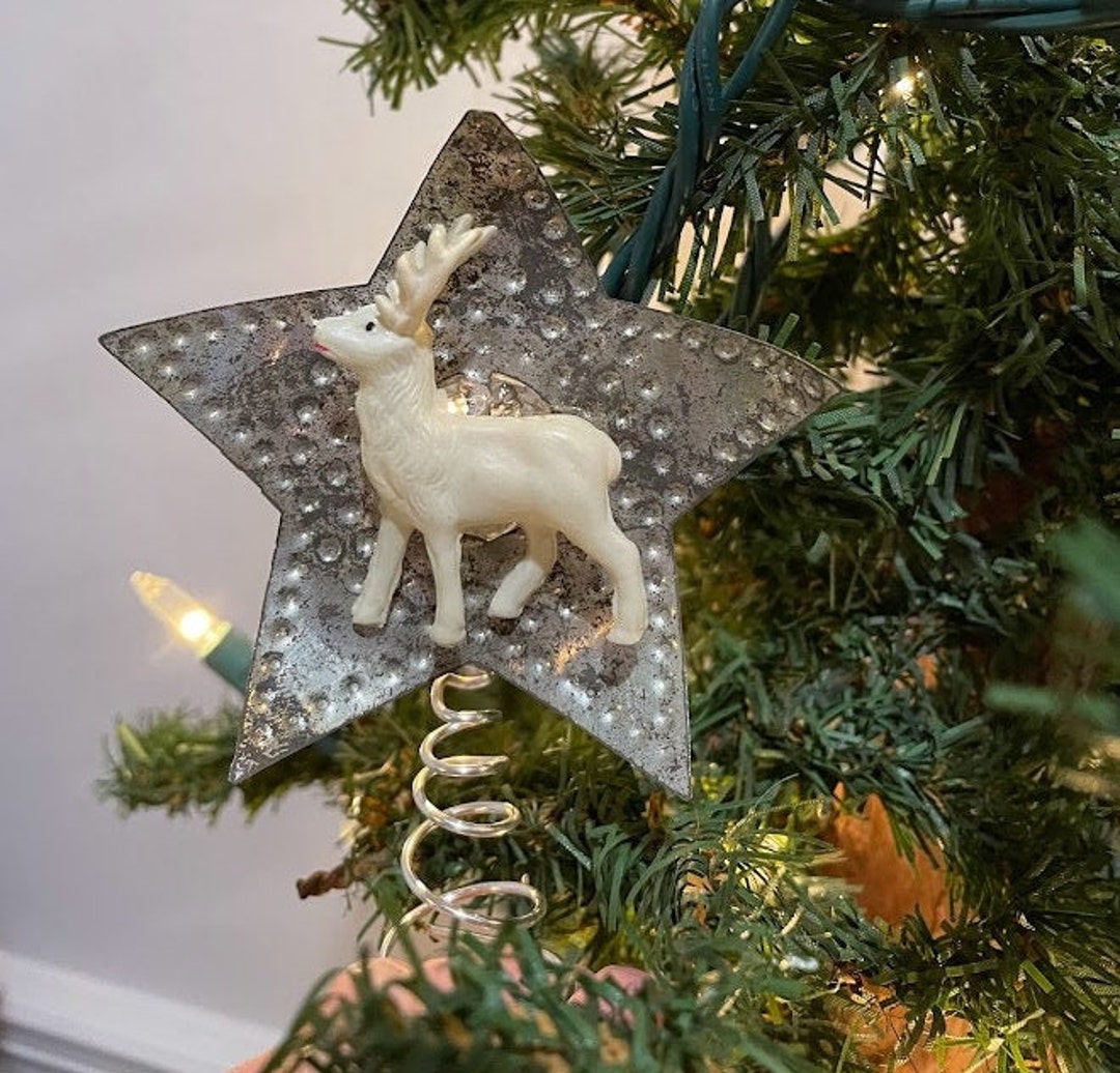Antique Vintage 1940's Celluloid Plastic Reindeer on Silver Punched Tin ...