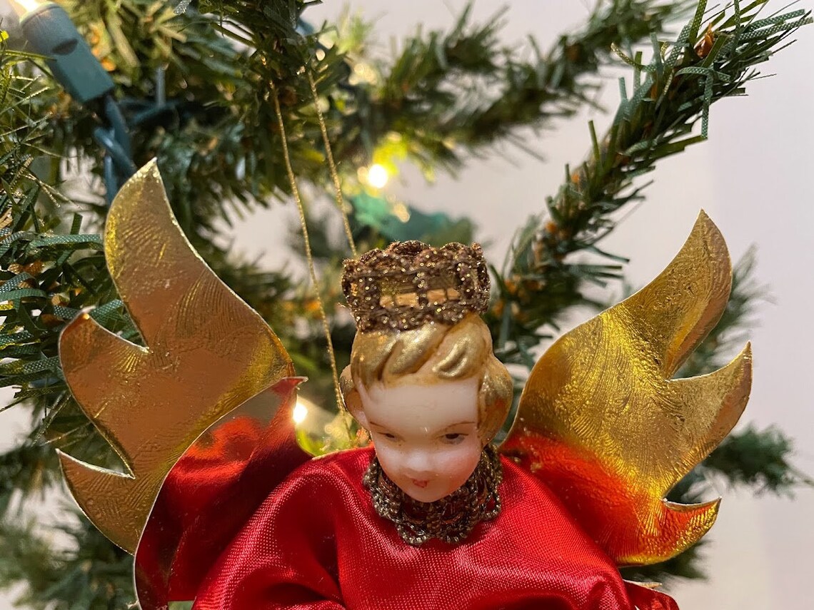 Antique Vintage German Wax Angel Holding Banner Figure, Ornament Satin ...