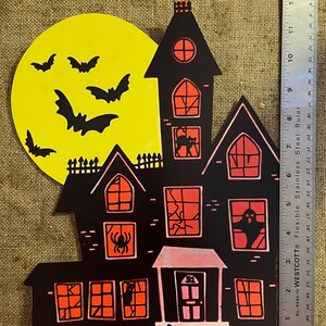 Sizes up to 13" Vintage Style Haunted Houses Glowing Windows, Moon Bats ...
