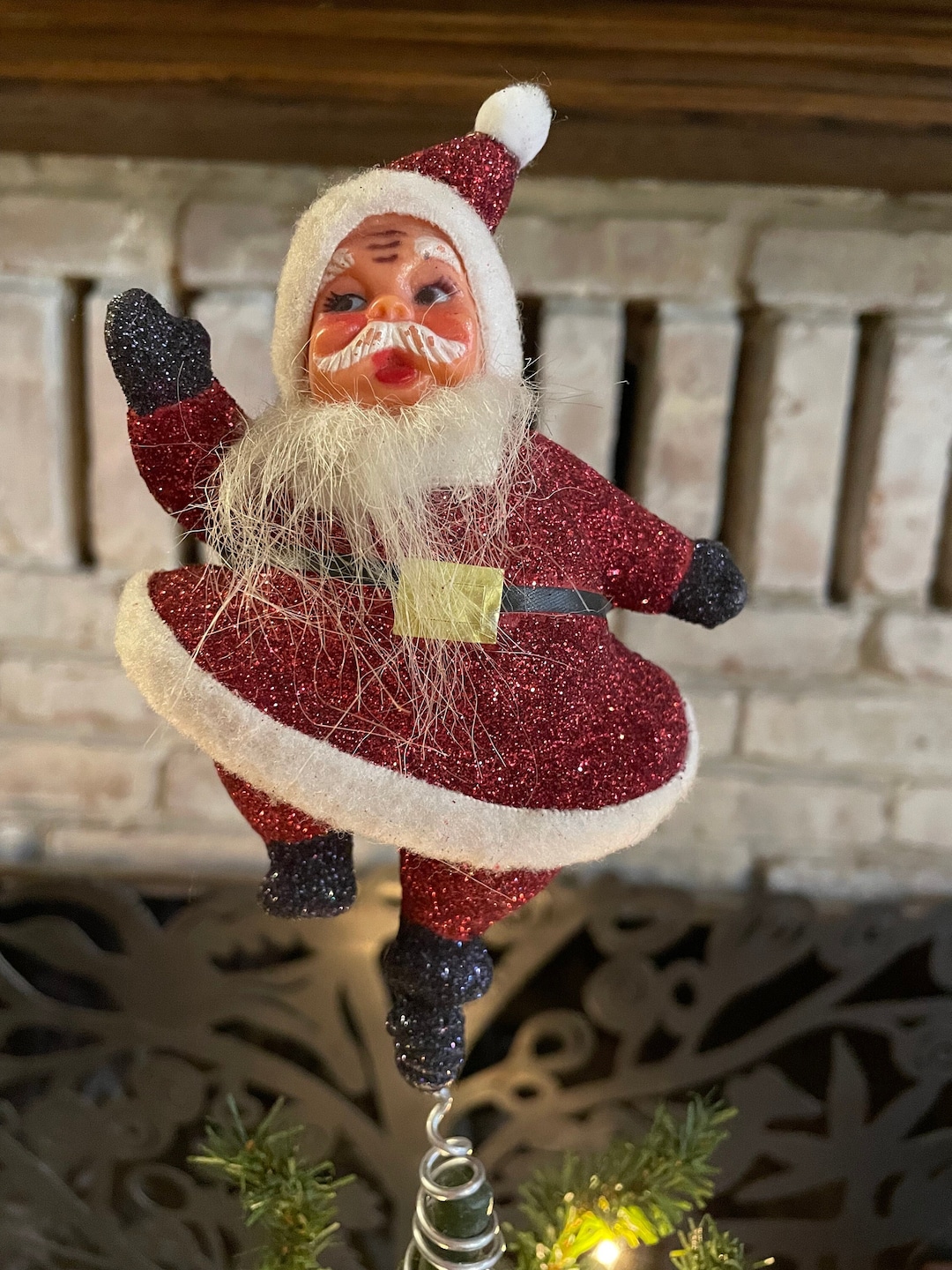 Vintage Mid Century Modern Large Red Glittered Jolly Dancing Santa Tree ...