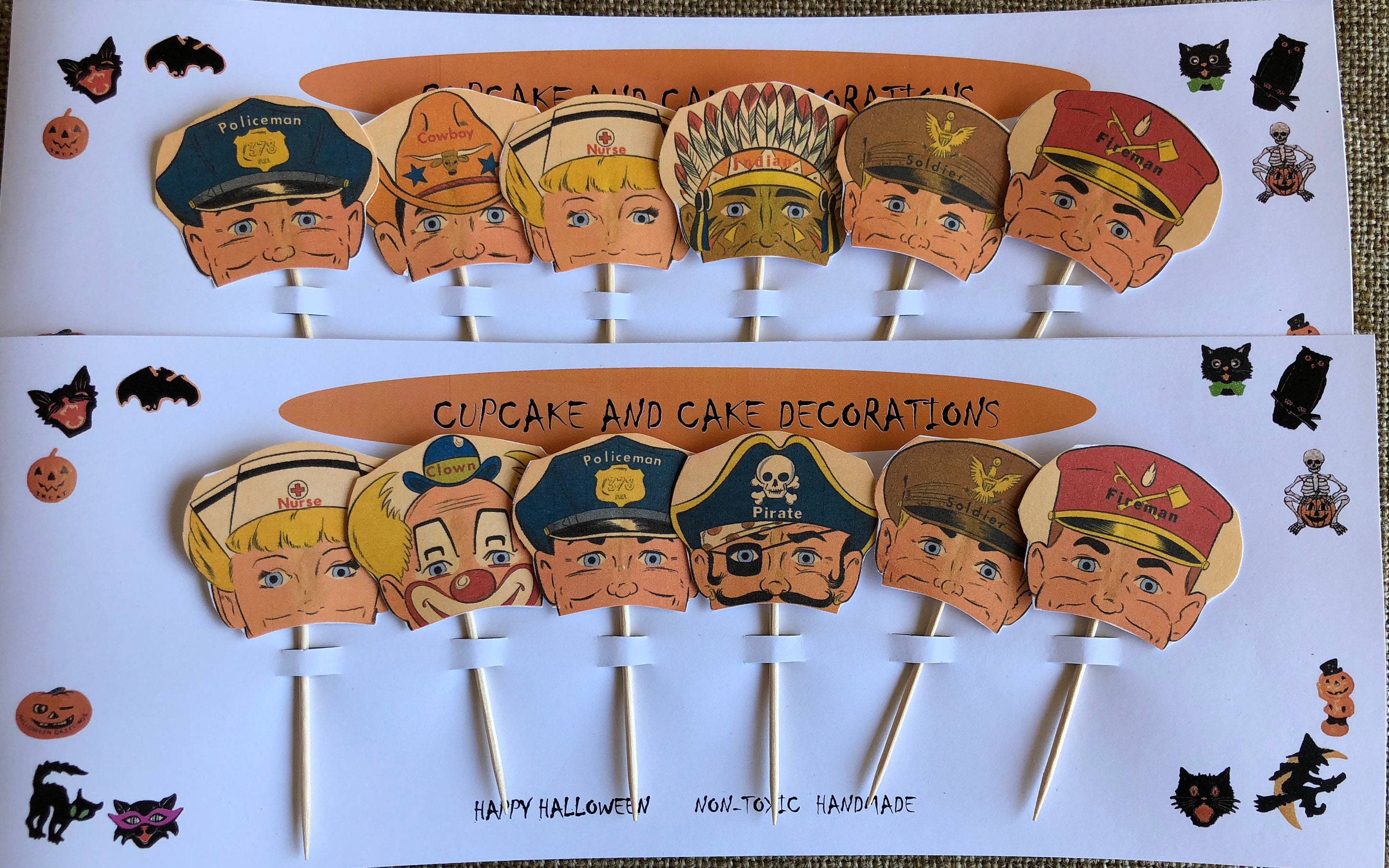 Assorted Occupations Masks Vintage Style Halloween Cupcake Cake Topper ...