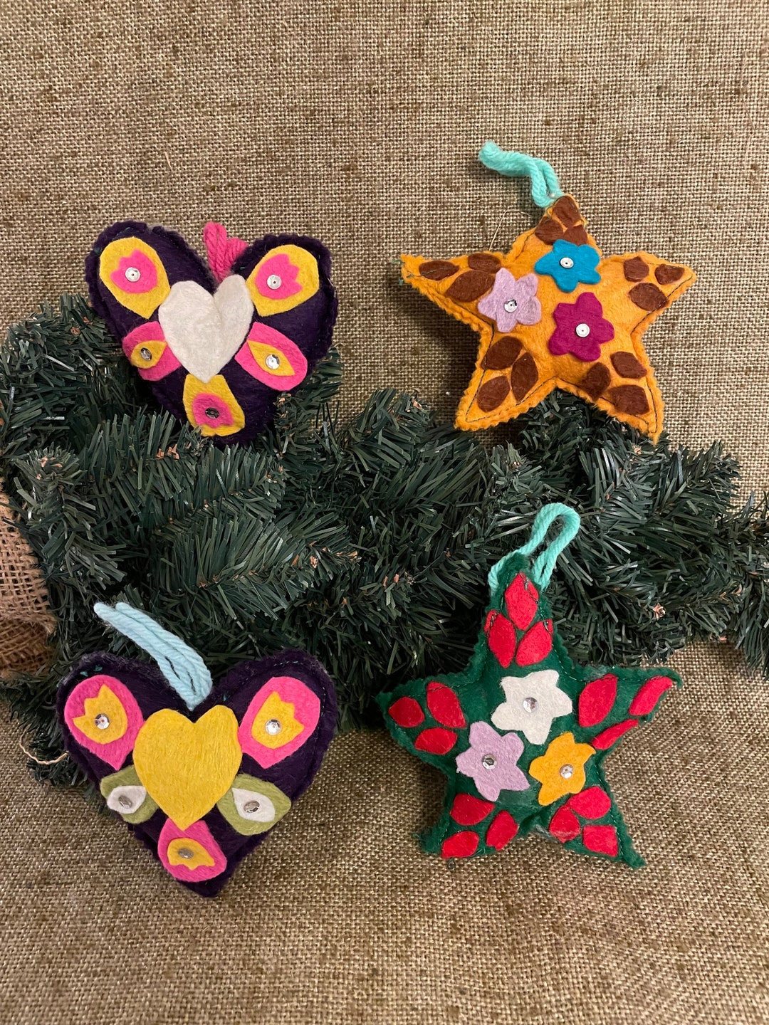 Choice of 4 Vintage 1970's Folk Art Stuffed Felt Star or Heart Handsewn ...